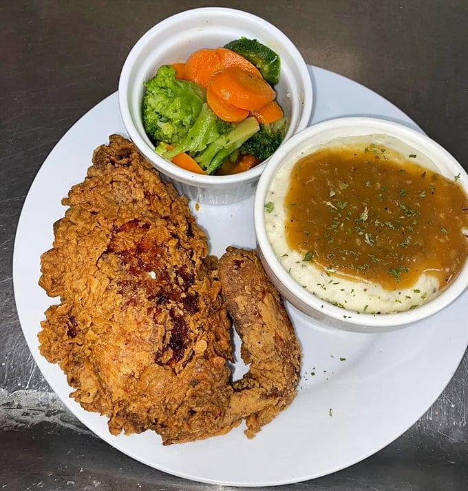 Crispy on the outside, juicy on the inside&mdash;this fried chicken puts Colonel Sanders on notice. Those sides aren't afterthoughts either.