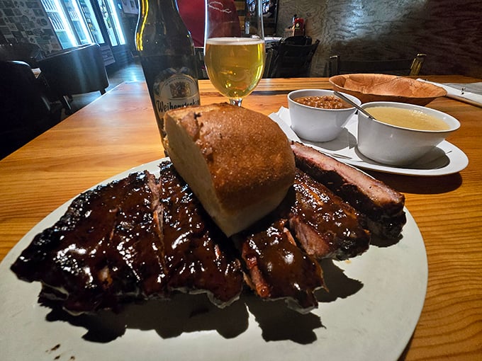 BBQ ribs glistening with sauce that required someone's grandmother's secret recipe. The kind of meal that demands both napkins and commitment.