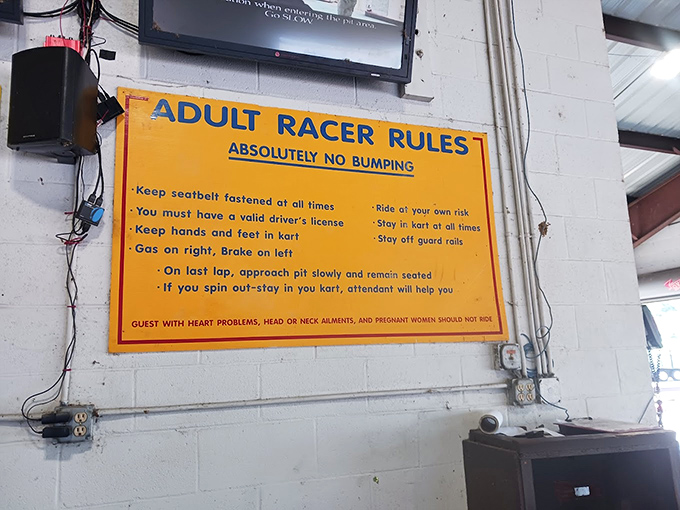 "Absolutely No Bumping"—the rule most gleefully ignored by every dad who swore he'd follow the rules. The fine print is where the real wisdom lives.