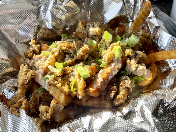 Harbor Fries: what happens when regular fries meet queso, crab meat, and a chef with a brilliant disregard for restraint.