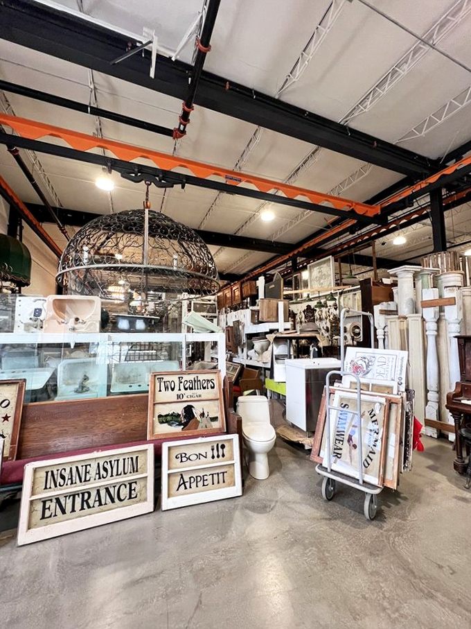 A vintage door, red velvet chair, and enough chandeliers to make Liberace say, "Maybe tone it down a notch."