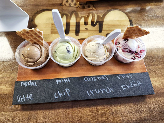The flight board that launched a thousand cravings. Four flavors, four spoons, zero regrets.