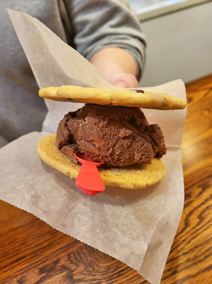This isn't your freezer-section ice cream sandwich. The homemade cookies maintain that perfect texture&mdash;the Goldilocks zone of ice cream delivery systems.