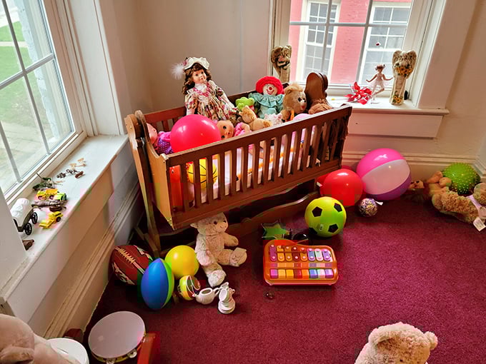 The nursery room filled with colorful toys and a wooden crib might be the most active paranormal hotspot in the house. Playtime or paranormal time?