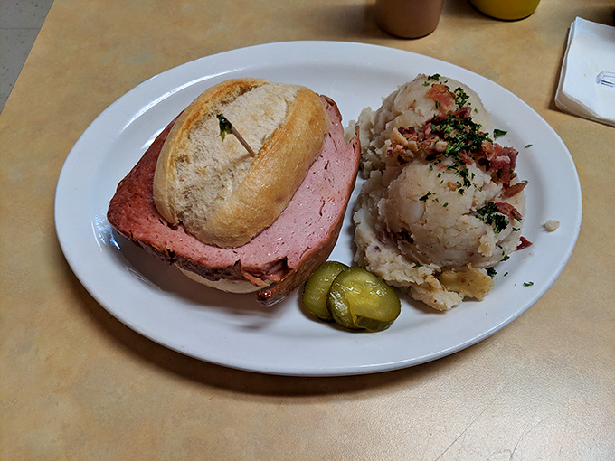 The leberk&auml;se sandwich&mdash;a thick slab of German meatloaf on a roll&mdash;paired with German potato salad that puts American versions to shame. 