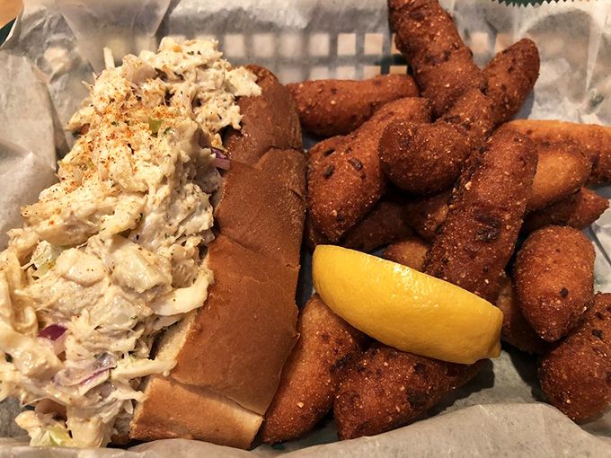 The seafood sandwich of dreams: plump lobster roll meets crispy hush puppies. Comfort food gets its PhD in deliciousness. 