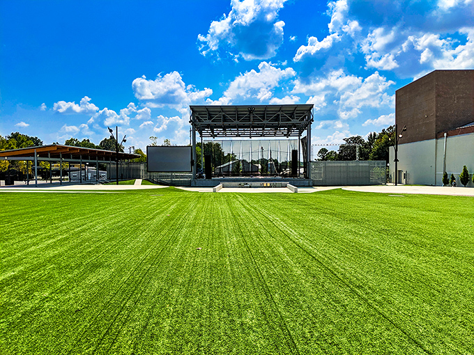 The MAD Amphitheater: where perfectly manicured grass meets world-class entertainment under Arkansas skies.