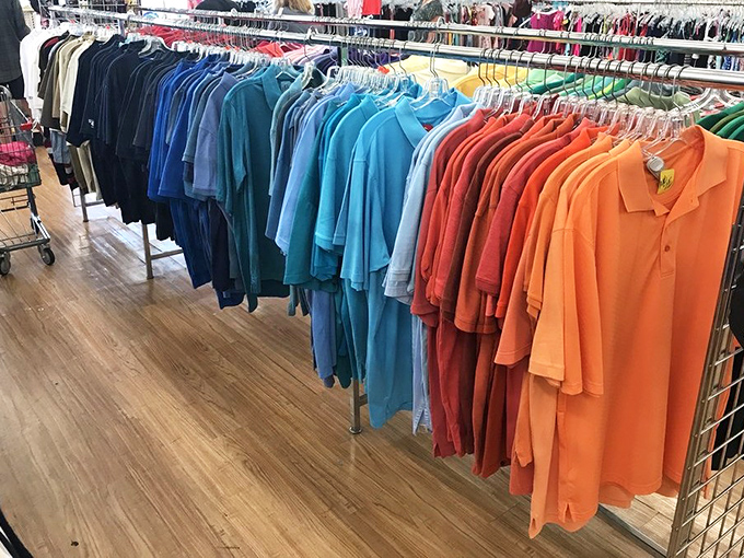 The men's clothing section offers a rainbow of possibilities, from business casual to weekend warrior, all neatly arranged by color.