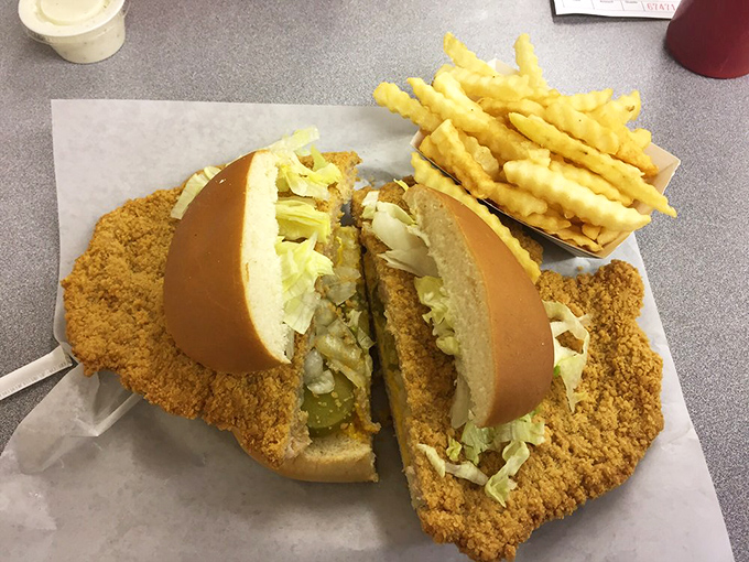 The sandwich equivalent of a solar eclipse&mdash;the bun is completely overshadowed by the magnificent expanse of perfectly breaded pork. Napkins are not optional.