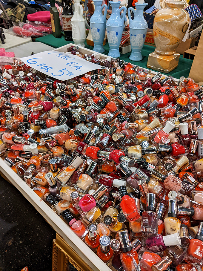 A sea of nail polish bottles creates an almost hypnotic display&mdash;proof that one person's excess inventory is another's cosmetic goldmine.