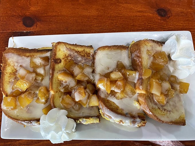 Peach French toast that makes you question why anyone would ever eat regular toast again. Summer in every bite.