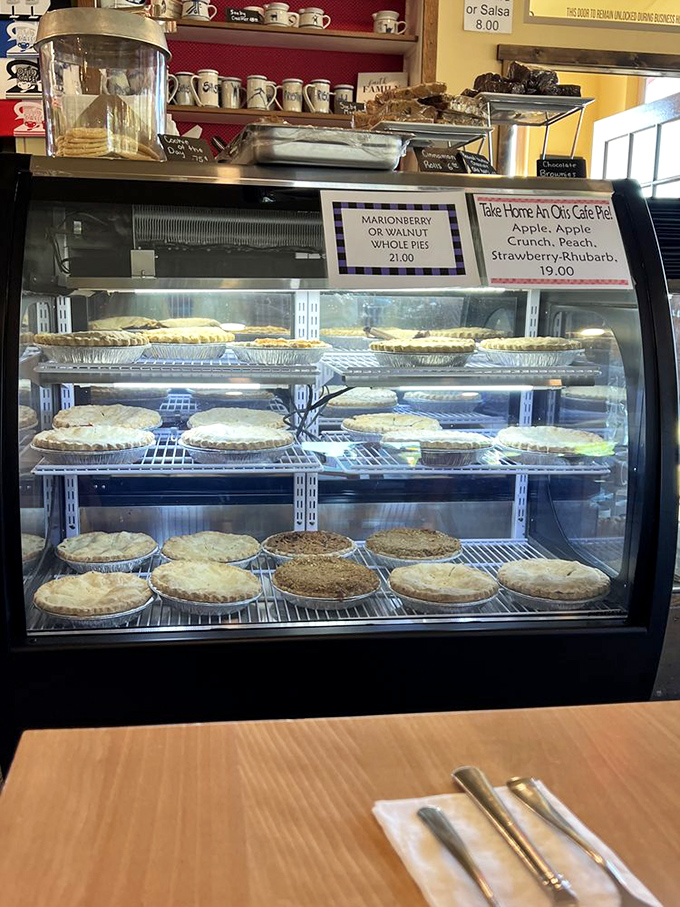 The pie case of dreams. Like a museum of edible art, these freshly baked treasures await your difficult but delicious decision.