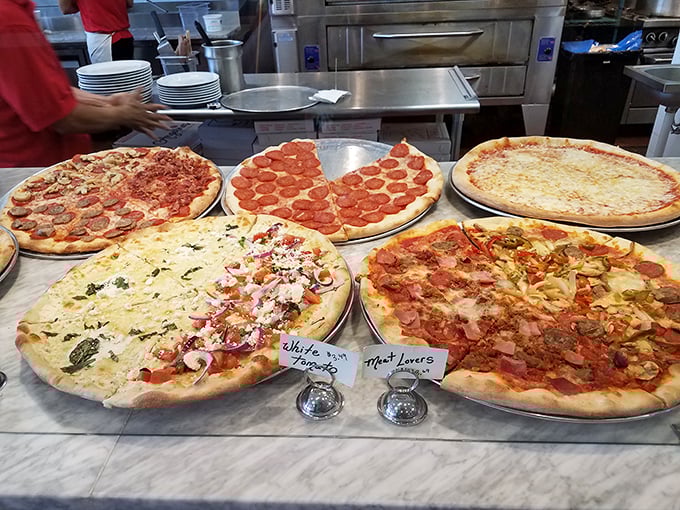 Pizza lineup that would make a New Yorker nod in approval. The pepperoni is having such a good time, it's practically doing the tarantella.
