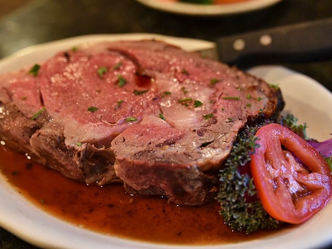 Prime rib cooked to that perfect rosy medium-rare &ndash; the kind that makes vegetarians momentarily question their life choices.