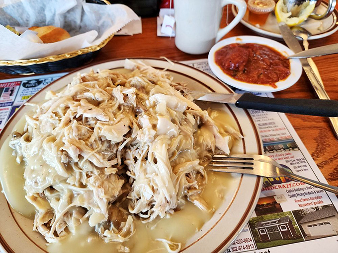 Turkey dinner that doesn't wait for Thanksgiving. This plate of pulled turkey with gravy is what your grandmother would make if she had professional kitchen equipment.