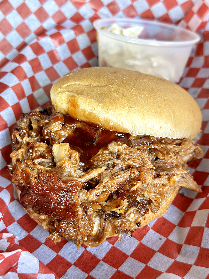 This pulled pork sandwich isn't messing around. The meat-to-bun ratio here is what sandwich dreams are made of.