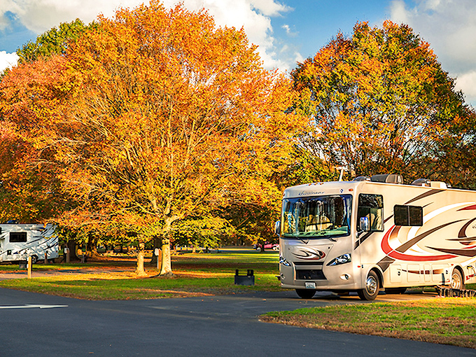 Luxury camping isn't an oxymoron. This motorhome found the perfect autumn parking spot&mdash;where five-star views come with every reservation.