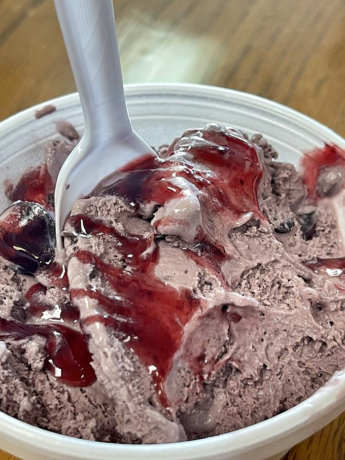 Raspberry ripples through chocolate like a ruby vein in precious stone. This scoop is what happens when fruit and chocolate have a passionate love affair.