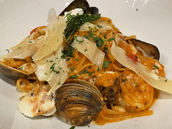 Seafood pasta that's having more fun than you are &ndash; shrimp and shellfish partying with noodles in a sauce that dreams are made of.