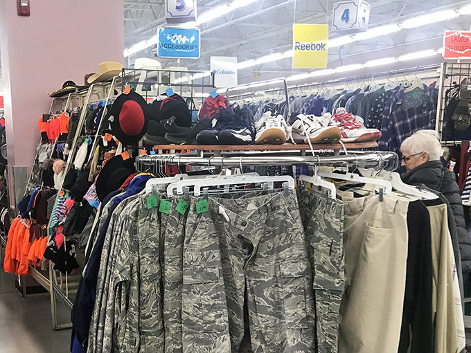 Military jackets and winter coats stand at attention, waiting for their next mission. Fashion history preserved at prices that won't trigger your credit card alarm.