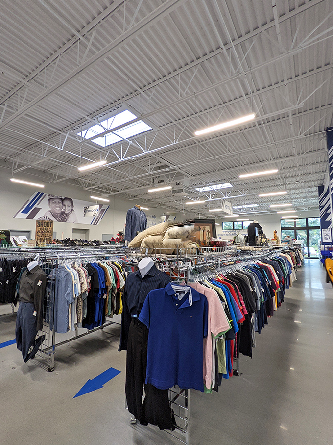 High ceilings, natural light, and meticulously organized merchandise create a shopping experience more boutique than bargain basement.