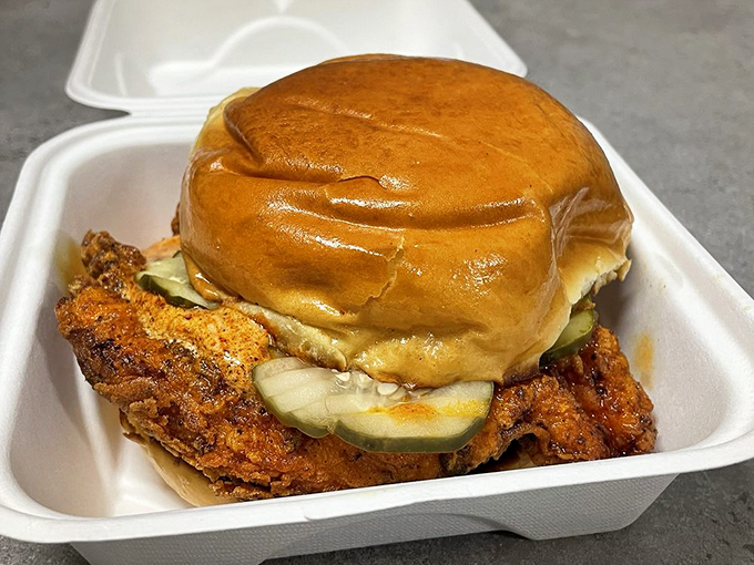 This sandwich box holds the kind of comfort that makes Monday meetings bearable. Pillowy bun, crispy chicken, pickle perfection.