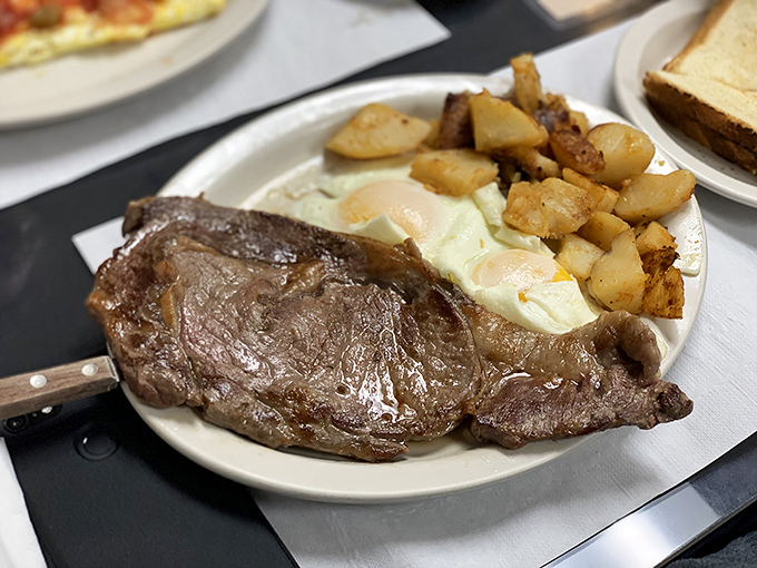 When breakfast gets serious: a Delmonico steak with eggs that turns "most important meal" into "most impressive meal."