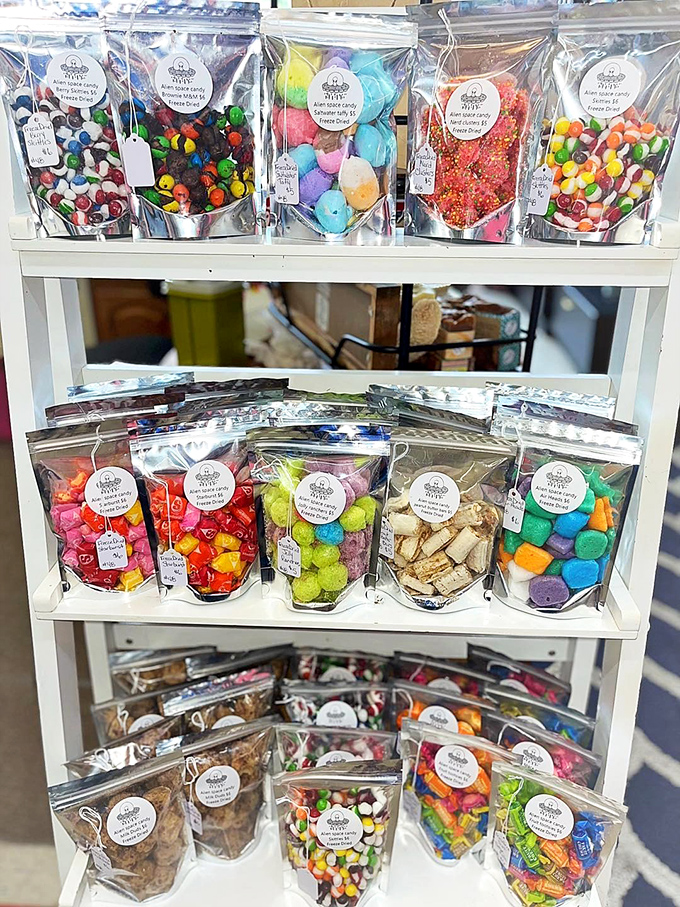 Candy arranged with museum-worthy precision &ndash; proof that sometimes the sweetest treasures come in simple plastic bags with handwritten labels.