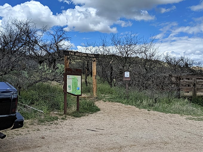 The Arizona Trail: where epic journeys begin with a single, dusty step. This humble gateway connects to over 800 miles of pure Arizona adventure.