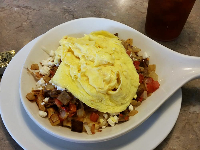 The Spartan skillet doesn't skimp on flavor &ndash; a hearty mountain of potatoes, vegetables, and eggs that would make any Greek grandmother proud.