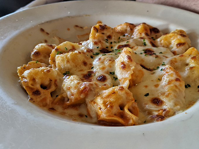 Cheese-filled pasta pillows bathing in a creamy sauce that would make even the most committed diet plan wave a white napkin in surrender.