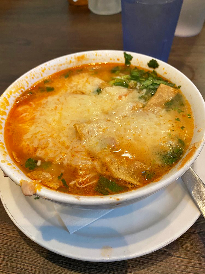 This tortilla soup isn't just broth&mdash;it's liquid sunshine with chunks of chicken and melted cheese that would make even rainy days feel celebratory.