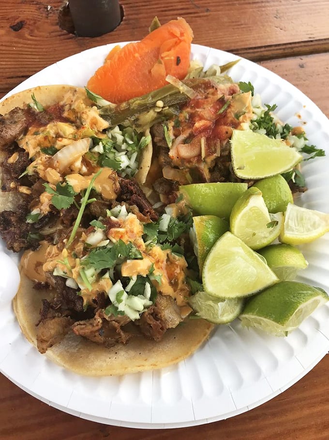 Golden-fried corn tortillas cradle perfectly seasoned meat, proving that sometimes the simplest presentations deliver the most profound flavors. 