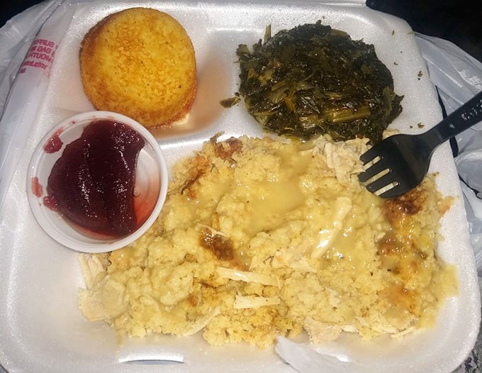 Turkey and dressing that doesn't wait for Thanksgiving, with greens cooked low and slow – proof that everyday meals can feel like holiday celebrations.