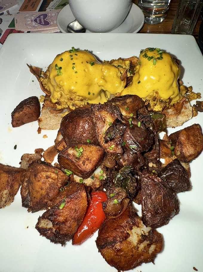 Breakfast potatoes so perfectly crisped they deserve their own fan club, alongside eggs Benedict that would make a morning person out of anyone.