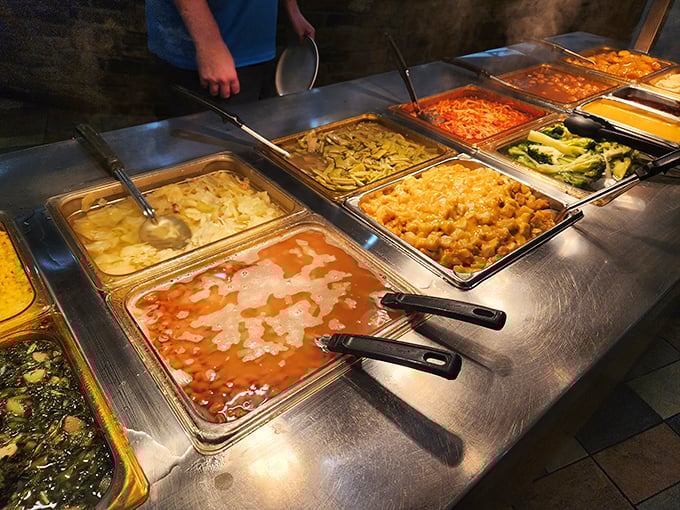 The vegetable station: where good intentions meet butter-laden reality. Even broccoli deserves its moment in the spotlight at this flavor carnival.