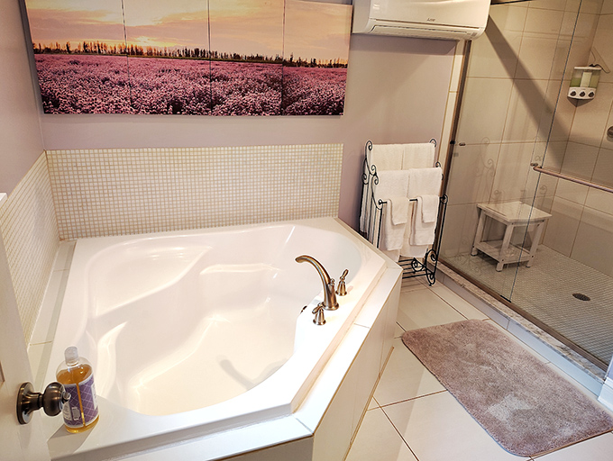 A bathroom that says "Yes, historical charm can coexist with modern plumbing"&mdash;featuring a soaking tub that practically demands you cancel your afternoon plans.