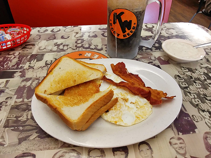 Breakfast perfection: Golden toast, eggs with just-right yolks, and bacon that would make even a vegetarian question their life choices.