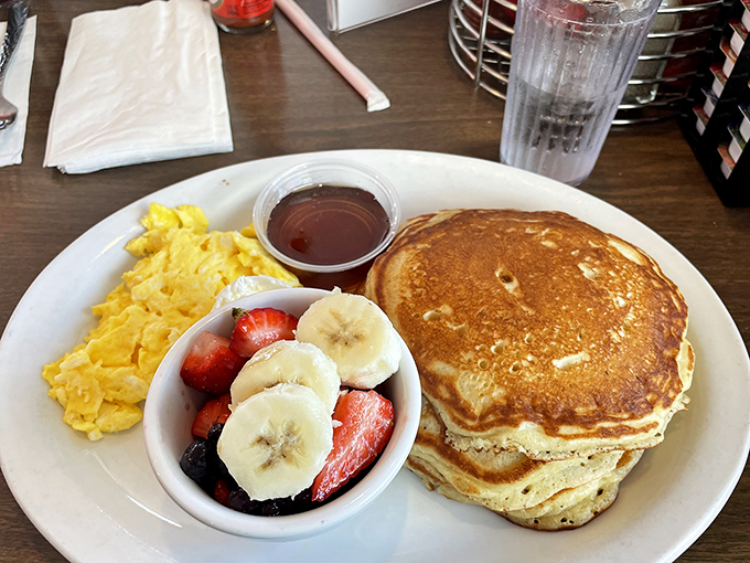 The breakfast stack that launched a thousand food dreams&mdash;pancakes, fresh fruit, and eggs that remind you why morning meals matter.