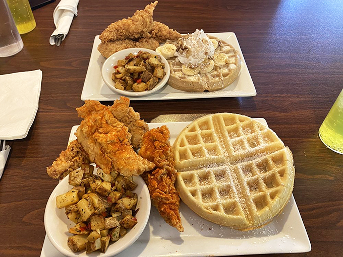 Sometimes simplicity speaks volumes. A classic buttermilk waffle with chicken tenders&mdash;comfort food that needs no explanation or apology. 