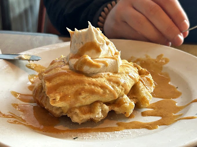 This isn't just caramel sauce&mdash;it's liquid amber cascading over waffle peaks and valleys. Breakfast or dessert? Yes, please.
