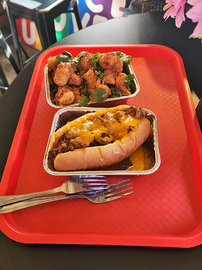 Some places hide veggies in kids' meals&mdash;The Odd flaunts them atop this loaded dog, creating the illusion of health amid delicious rebellion.