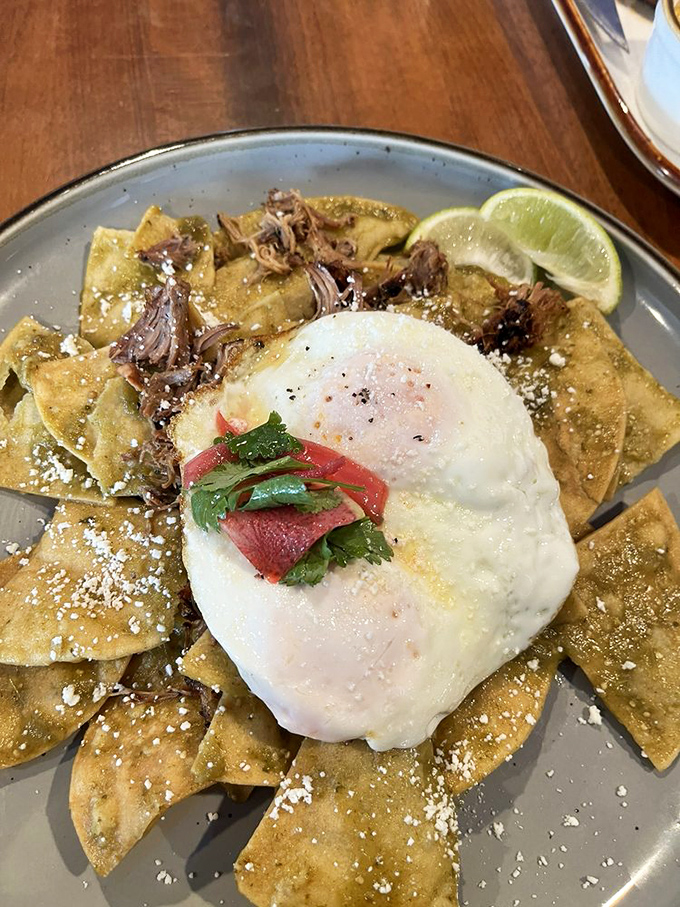 Chilaquiles that would make any abuela nod in approval, topped with a perfectly cooked egg and a sprinkle of cotija cheese.