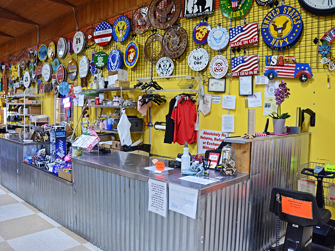 Americana adorns the walls while friendly staff stand ready at the counter&mdash;patriotism and bargains under one wooden roof.