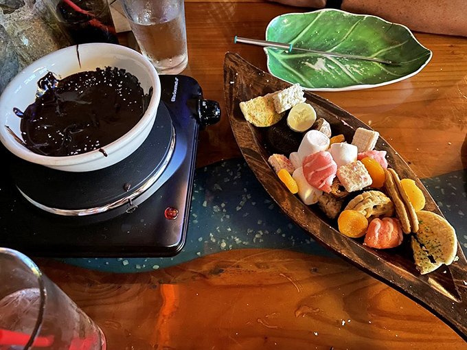 Chocolate fondue that would make Willy Wonka jealous, served with dippables in a boat that sailed straight from your childhood dreams.