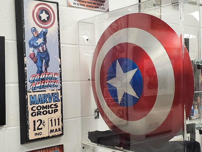 Captain America's shield gleams behind glass, a circular slice of American mythology that has bounced from comic pages to silver screens for generations.