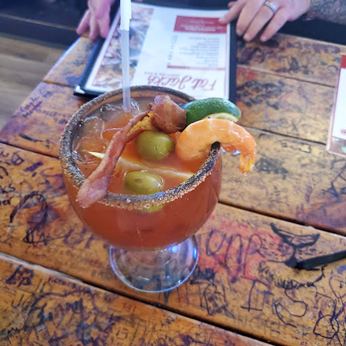 Not just a Bloody Mary&mdash;a liquid meal adorned with enough garnishes to qualify as its own food group, complete with a shrimp sentinel.