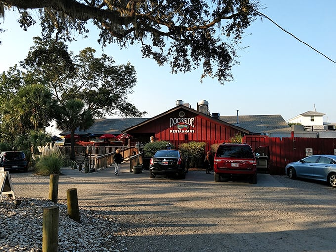 Dockside Restaurant's rustic red exterior promises seafood so fresh you'll wonder if it jumped straight from the water onto your plate.