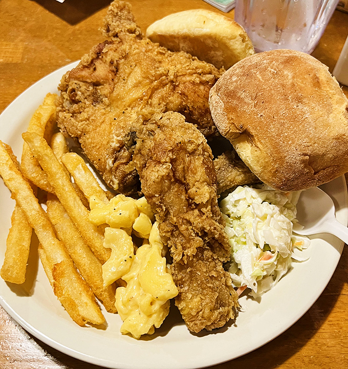 Southern comfort on a plate—golden-fried chicken with the kind of sides that remind you why grandma never bothered with fancy restaurants.