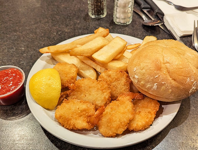 These golden-battered shrimp aren't just fried&mdash;they're time travelers from an era when seafood and steak shared equal billing on American menus.